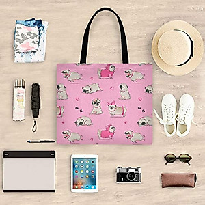 visesunny Women's Extra Large Canvas Tote Shoulder Bag Cute Cartoon Pug Top Storage Handle Shopping Bag Casual Reusable Tote Bag for Beach,Travel,Groceries,Books