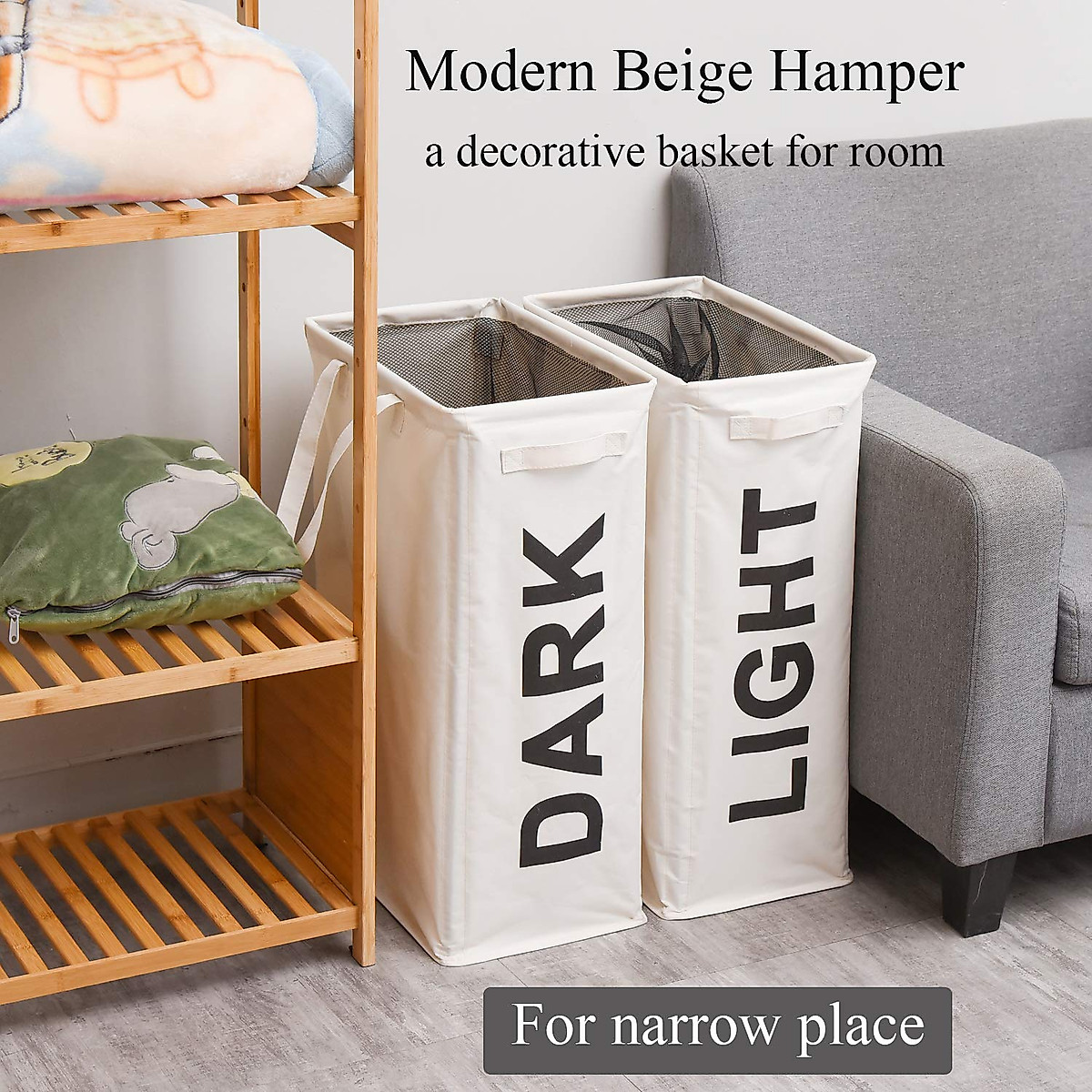 Haundry 2 Pack Light and Dark Laundry Hamper with Extended Handles, 2Pcs/Set Tall and Slim Separator Laundry Baskets, Large Foldable Laundry Organizer for Clothes, Beige