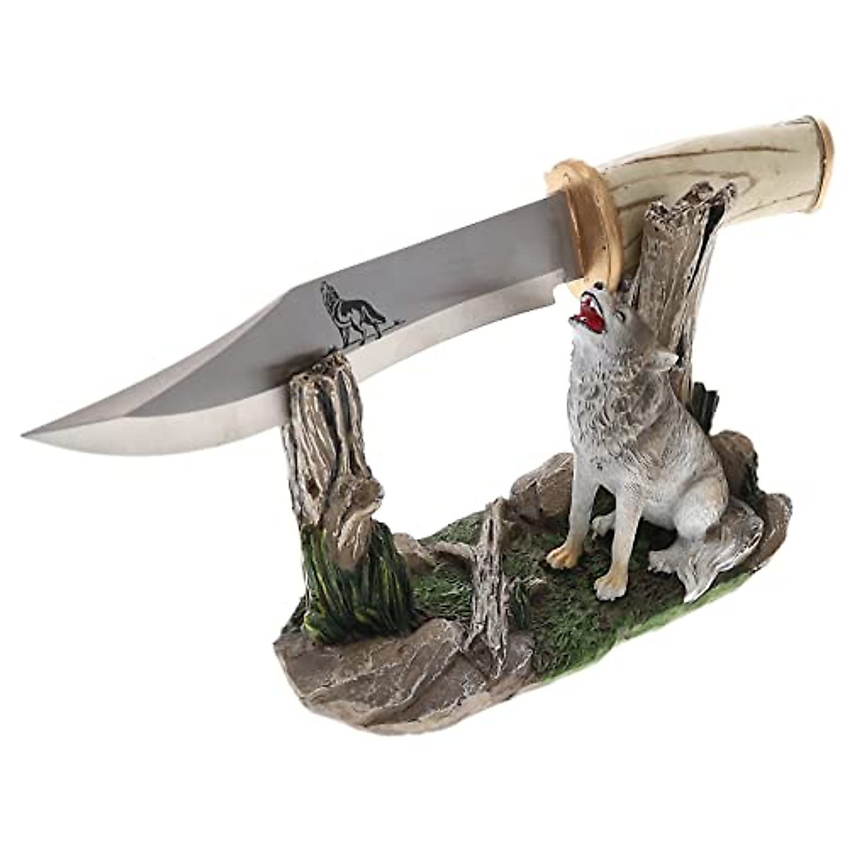 Deleon Collections Decorative White Wolf Knife - Majestic Howing Wolf Display Stand - Rustic Lodge Decor