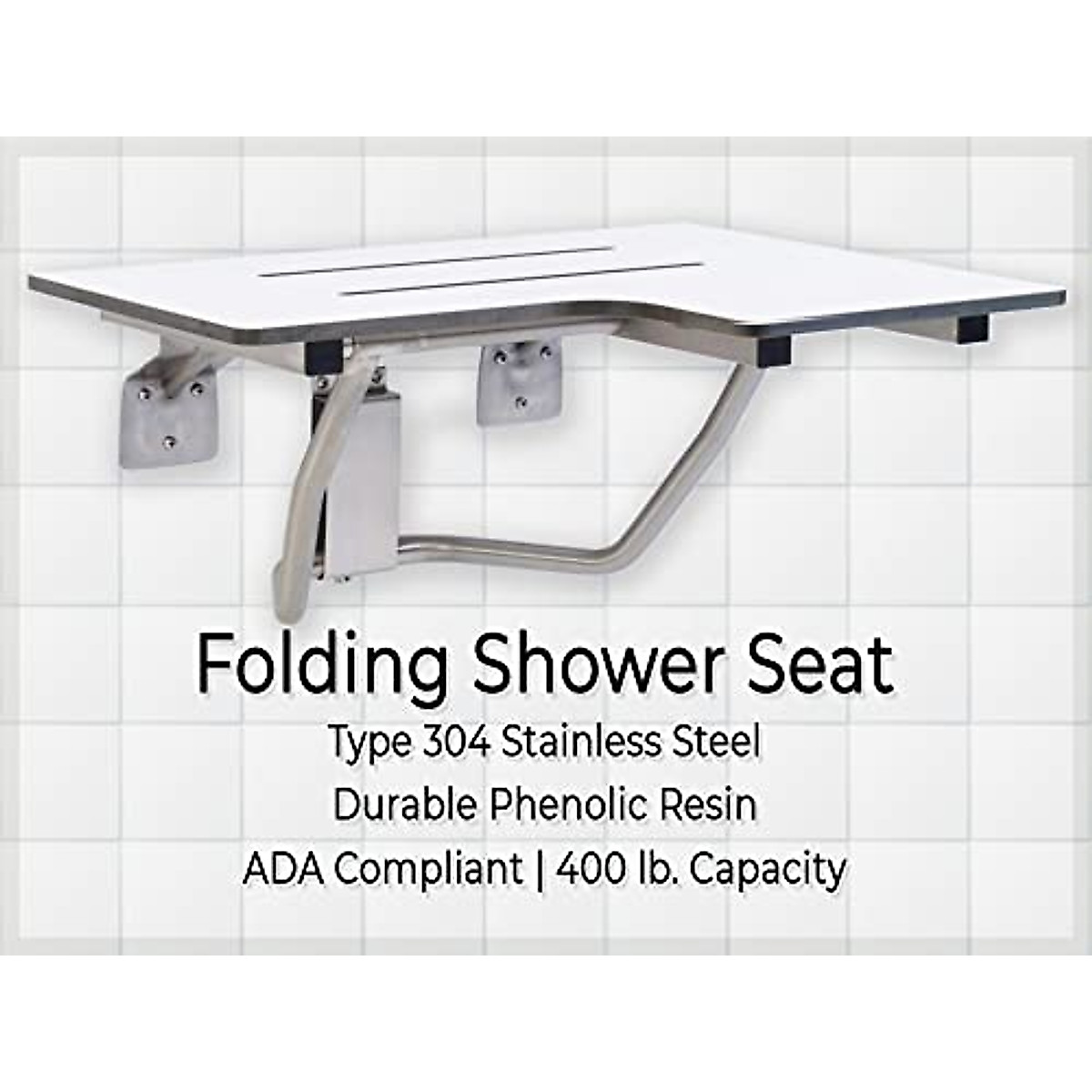 Folding Shower Seat - Wall Mount Bench for Inside Shower / ADA Bathroom Safety Assist / 304 Stainless Steel / Phenolic Resin / Left / 28" x 21"