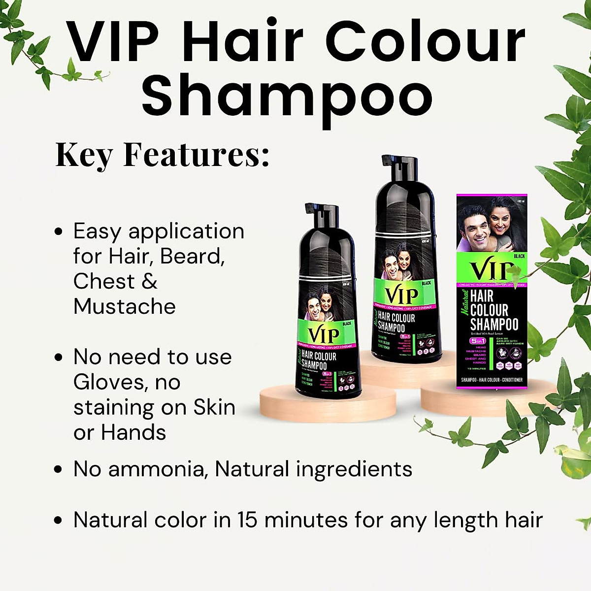 VIP 5 in 1 Hair Color Shampoo (400ml Bottle + 2 Sachets) (black) For Hairs, Mustache, Beard, Chest & hands, Ammonia Free Instant Hair Colour Can be Applied with Bare Wet hands