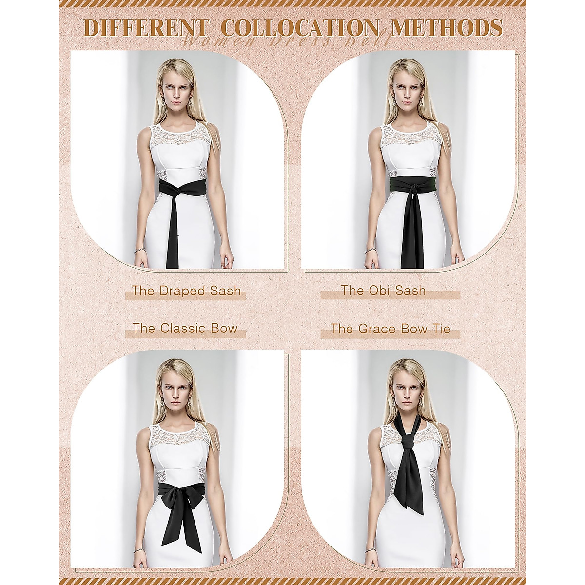 Glitopper Women Chiffon Sash Belt Dress Sash Waist Bridal Wedding Belt 50s Belt Accessories 3'' Wide(Solid Black, Classic Style)