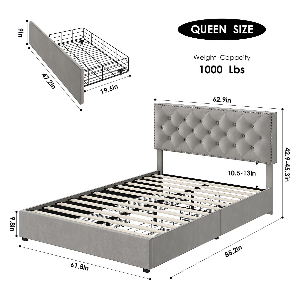 HOSTACK Queen Size Bed Frame with 4 Storage Drawers, Modern Upholstered Platform Bed with Adjustable Headboard,Button Tufted Bed Frame with Wood Slat Support,No Box Spring Needed(Grey, Queen)