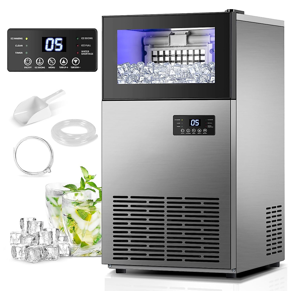 Commercail Ice Maker 130Lbs/24H with 35Lbs Ice Capacity,Upgraded 15" Wide Under Counter Ice Machine 45Pcs Ice Cubes, Commercial Ice Machine Self Clean Stainless Steel Built-in or Freestanding