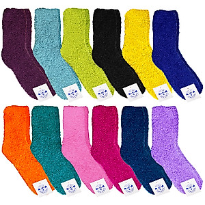Yacht & Smith 12 Pairs Women Fuzzy Socks Crew Socks, Warm Butter Soft (Solid Assorted 12 Pack)