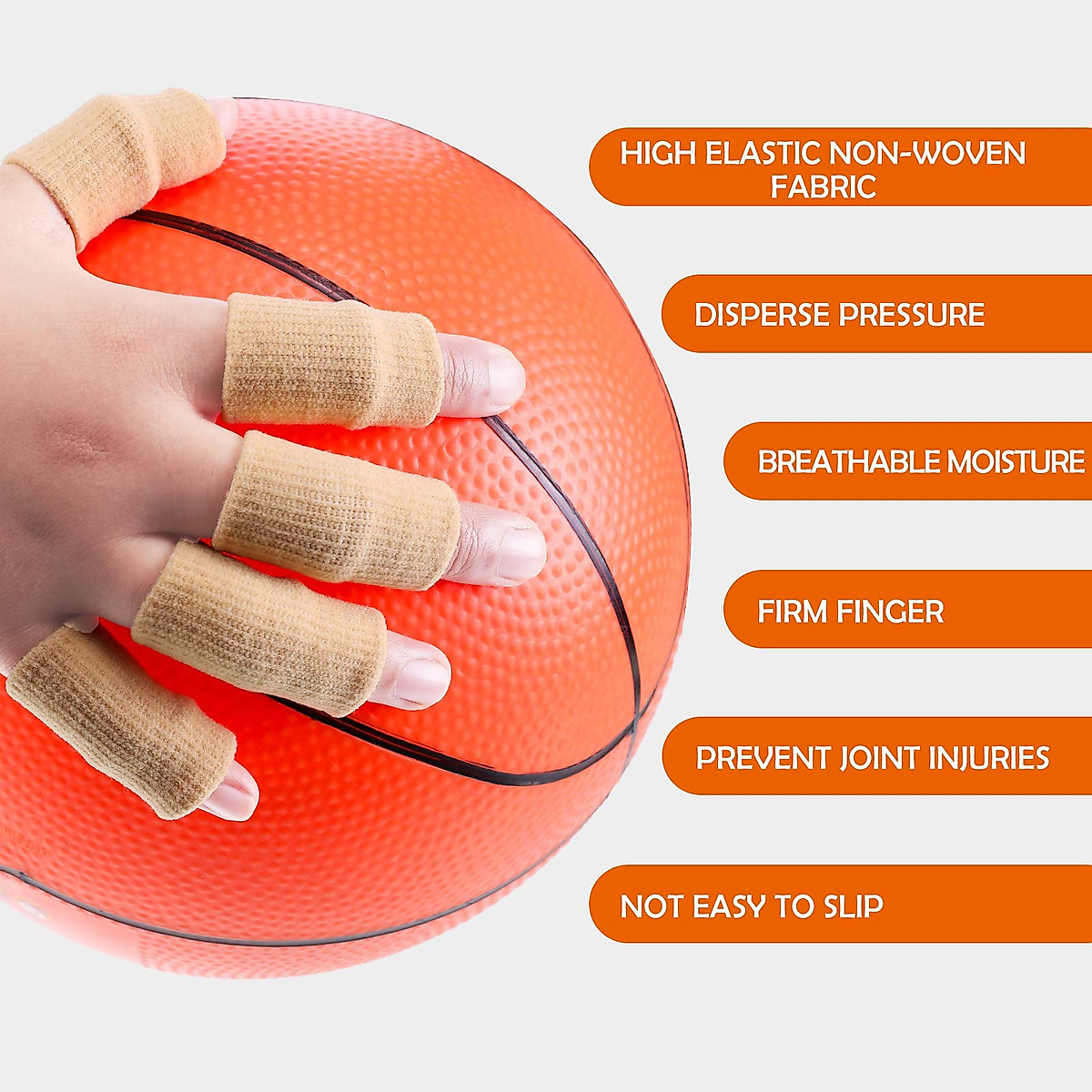 Skylety 30 Pieces Finger Sleeves with 1 Storage Bag, Thumb Splint Brace Support Protector Breathable Elastic Finger Tape for Pain Relief Arthritis Trigger Finger Sports Basketball Baseball (Beige)