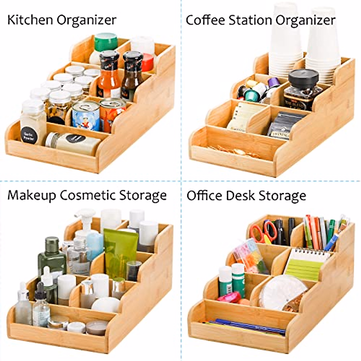 WUWEOT Coffee Condiment Organizer, Coffee Station Organizer, Bamboo Coffee Bar Accessory Caddy, Coffee Tea Bag Organizer Coffee Pod Holder with 7 Compartments