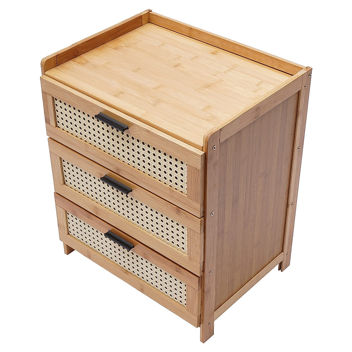 DDBESSIC Nightstand, 3 Drawers End Table Mid-Century Vintage Side Table, Retro Bedside Table Natural Bamboo Living Room Bedroom Storage Table Night Stand