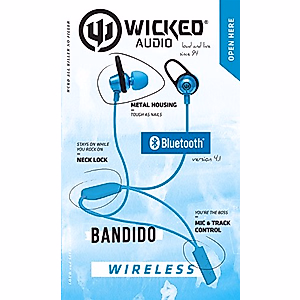 Wicked Audio Bandido Wireless — Bluetooth Earbuds with Microphone and Track Control — Wireless Headset with Metal Housing, Loop and Fin Attachments and Enhanced Bass — Blue