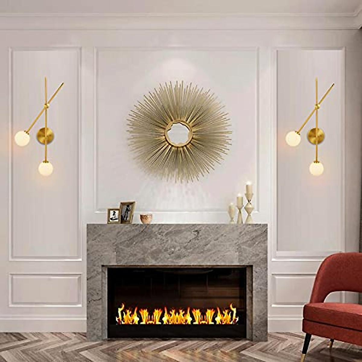 BAODEN Modern 2 Lights Globe Wall Sconce Industrial Wall Lamp with G4 Bulb Mid Century Rotatable Light Fixture Brushed Brass Finished with White Globe Glass Lampshade (Gold Color)