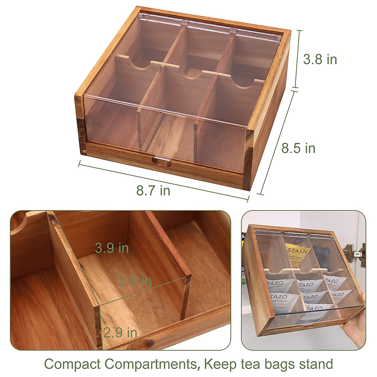 Acacia Wood Tea Bag Organizer Storage, Gift Box 6 Compartments Tea Chest Box with Acrylic Transparent Hinged Lid By HTB