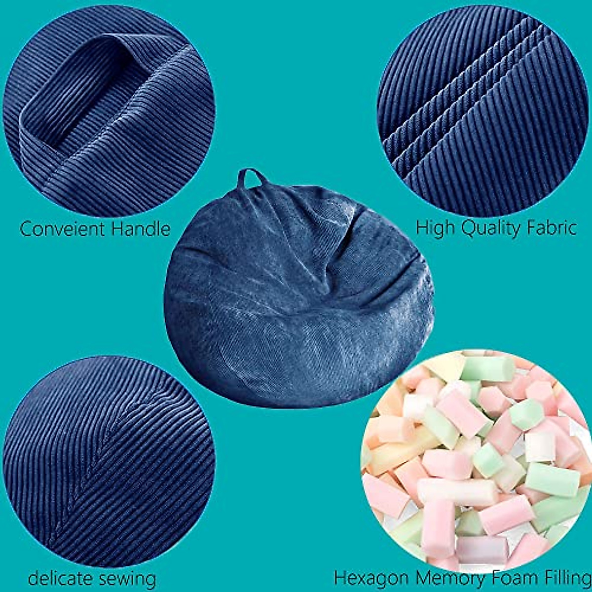 3 Ft Bean Bag Chair: Memory Foam Filled Bean Bag Chairs, Ultra Supportive Stuffed Bean Bag with Ultra Soft Corduroy Cover, Dark Blue for Kids, Adults
