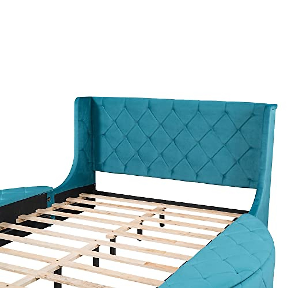 UBGO Queen Upholstered Platform Size Wingback Headboard and 1 Big Drawer,2 Side Stool,Velvet Storage Bed Frame,No Box Spring Needed/Easy Assembly, Blue e