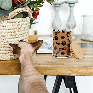 Whaline Dog Paw Ice Coffee Cup 16oz Black White Pet Paw Bone Glasses Cup with Bamboo Lids Glass Straw Cleaning Brushes Cute Drinking Glasses for Cocktails Whiskey Beer Soda Gifts, 2Pcs