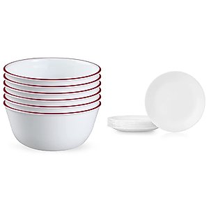 Corelle,Glass 28oz Red Band Bowl 6pk & Vitrelle 8-Piece Dinner Plates Set, Triple Layer Glass and Chip Resistant, Lightweight Round Plates, Winter Frost White