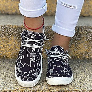 Women's Casual Loafers Halloween Themed Skeleton Pumpkin Printed Comfort Fashion Lace Up Sneakers Flat Walking Shoes B-Black