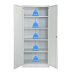 iJINGUR Metal Storage Cabinet with Locking Doors and Shelves for Garage Home Office, Lockable Tall Steel Storage Cabinets with Lock, Tool Holder and File Organizer Pocket Included (White)