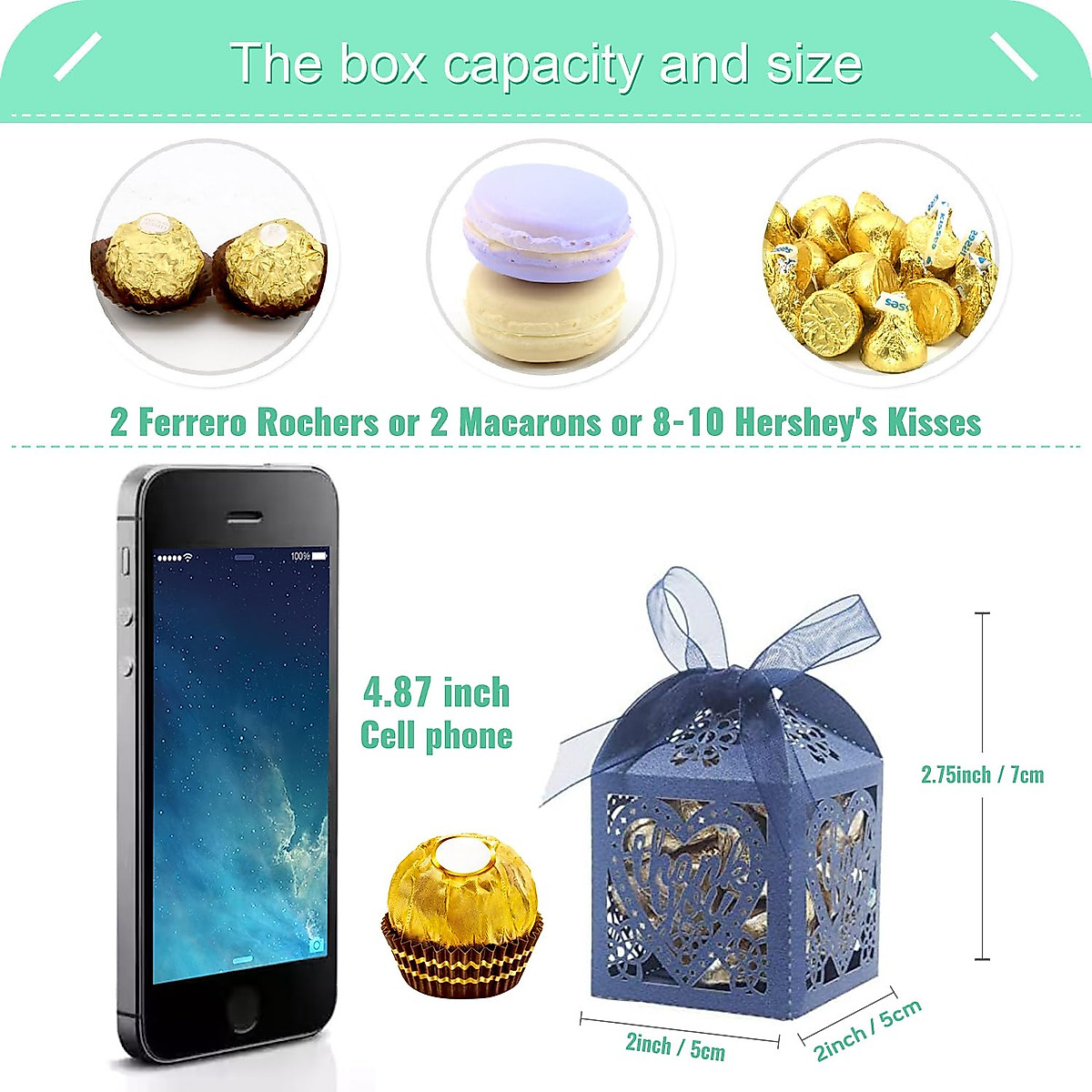 COTOPHER Laser Cut Boxes 60pcs Thank You Gift Boxes Wedding Party Favor Boxes Lace Candy Boxes for Wedding Bridal Shower Baby Shower Birthday Party Decorations with Ribbons (2x2x2.75inch, Navy, 60)