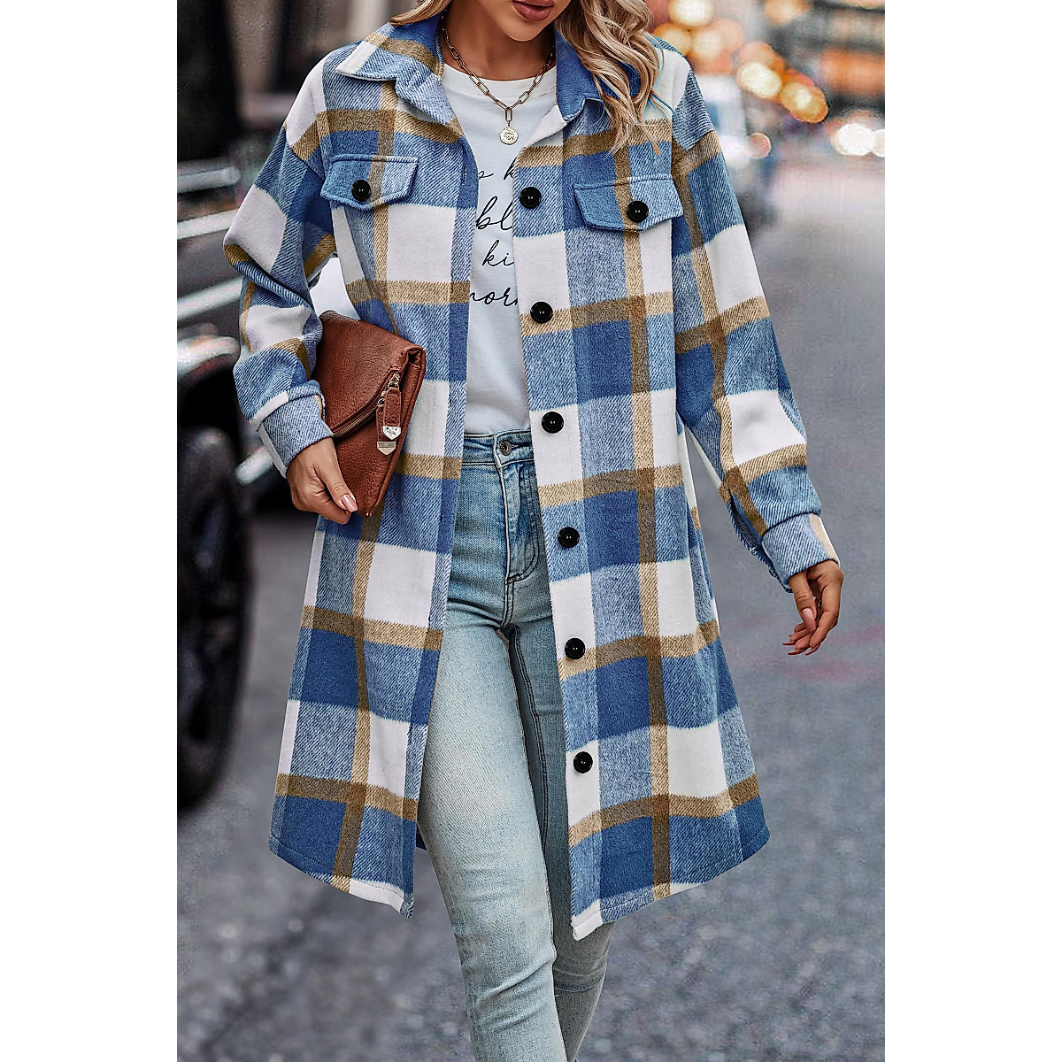 PRETTYGARDEN Women's Plaid Shacket 2025 Long Sleeve Button Up Flannel Shirt Winter Tartan Jacket Woolen Coats (Plaid Blue White,Medium)