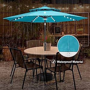 FLAME&SHADE 9 ft Double Top Solar Powered Outdoor Market Patio Table Umbrella with LED Lights and Tilt, Aqua Blue