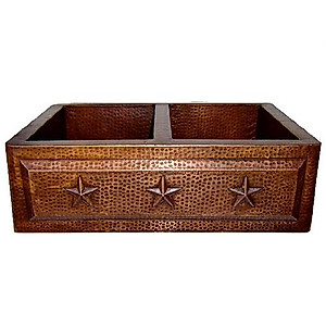 Star Design, Double Basin, Farmhouse Apron Copper Kitchen Sink, Light Brown Patina (36x22x9)