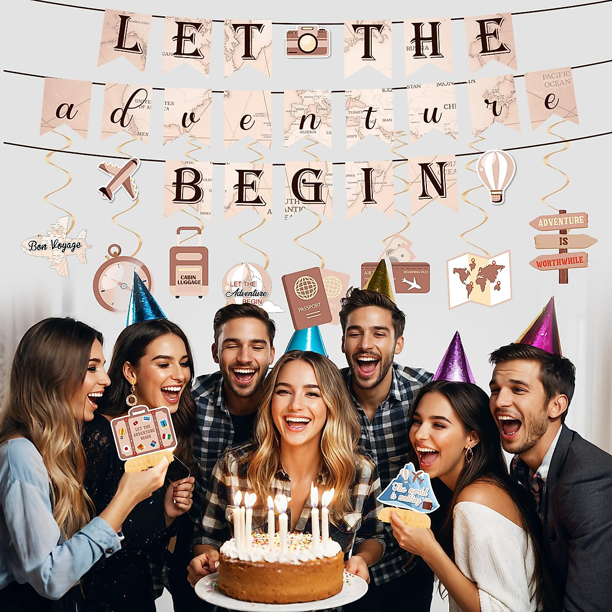 Let the Adventure Begin Decorations Travel Themed Party Banner Sign Hanging Swirls Honeycomb Centerpieces for Travel Birthday Graduation Retirement Farewell Going Away Bachelorette Party Supplies