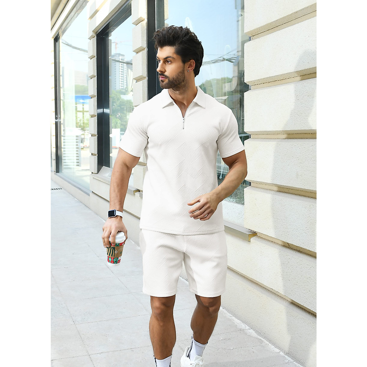 KUYIGO Men's Polo Shirt and Shorts Set Summer White Beach Outfits for Men2 Piece Tracksuit White 3XL