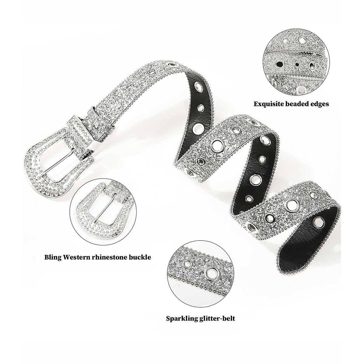 Kajeer Rhinestone Belt for Men Women, Vintage Cowgirl Diamond Bling Belts for Jeans(Silver, Small)