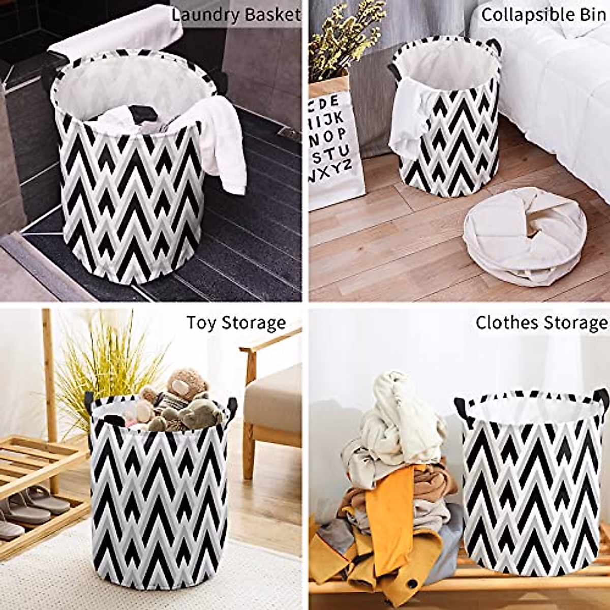 Collapsible Laundry Basket 17inch Chevron Striped Freestanding Laundry Hamper with Handles White Gray Black Drawstring Storage Basket for Clothes Toys Bedroom Nursery Bathroom