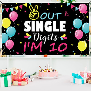 HTDZZI 10th Birthday Decorations for Girls Boys, Happy 10th Birthday Backdrop Banner, Double Digits 10 Year Old Birthday Party Yard Sign Photo Props Background Decor Supplies, Fabric