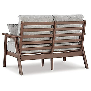 Signature Design by Ashley Emmeline Classic Outdoor HDPE Wood Look Framed Cushioned Loveseat, Beige & Gray