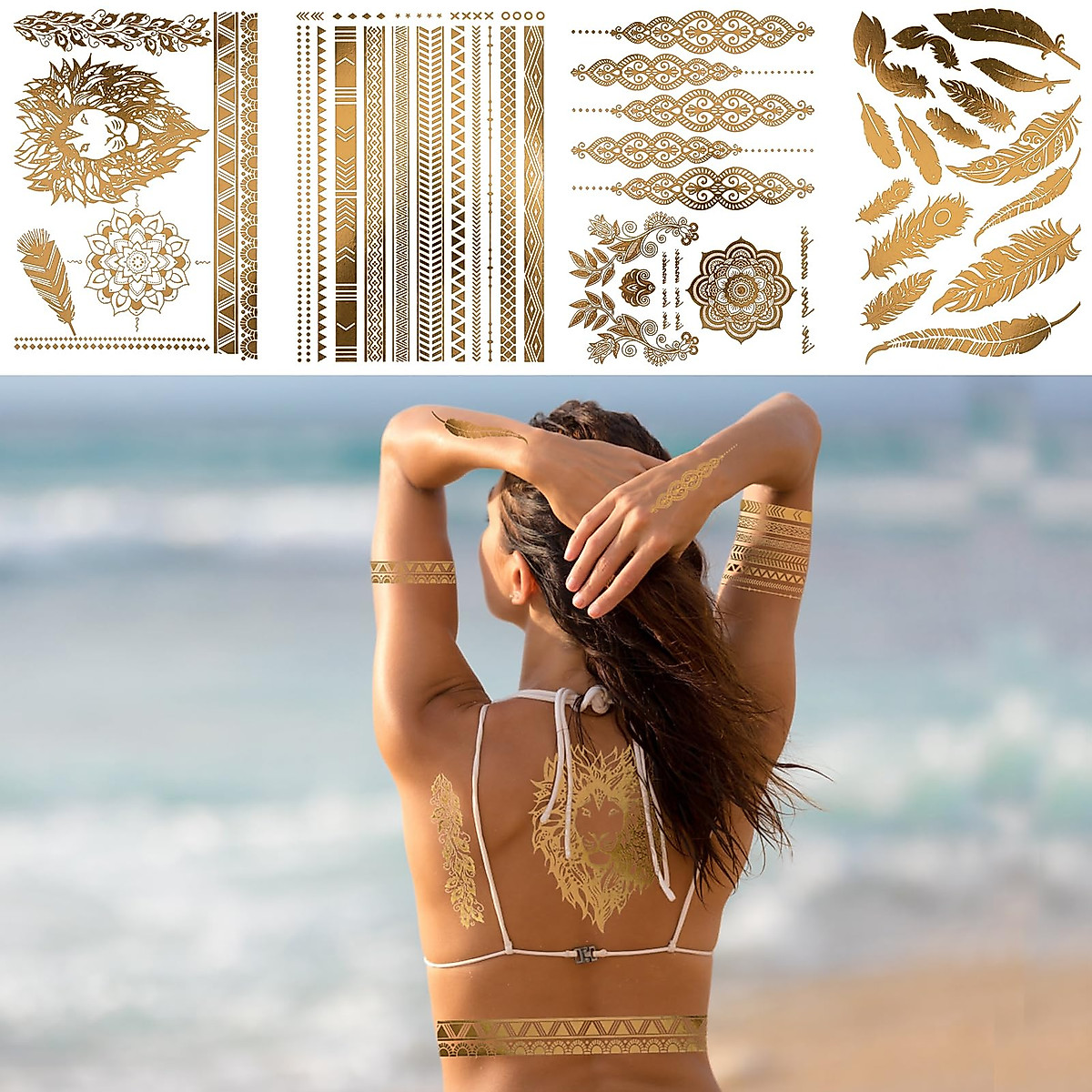 DPKOW 9 Sheets Gold Temporary tattoos, Gold Tattoos Temporary Metallic Tattoos Moon Star Butterfly Glitter Tattoos Festival Tattoos Flash Fake Waterproof Tattoo Stickers for Women Girls Body Art