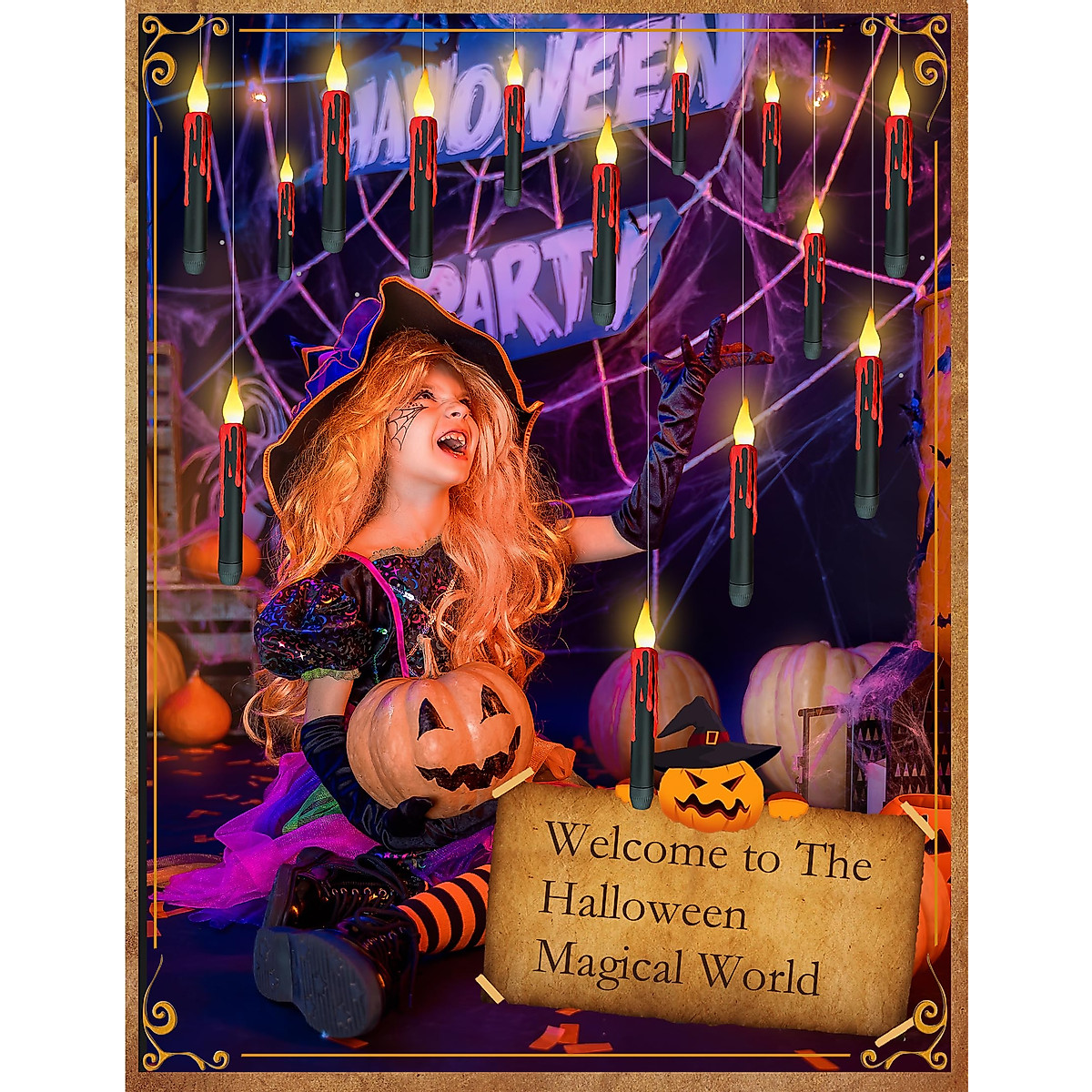 Qaeshi Floating Candles with Wand Remote, 10Pcs Magic Warm Flickering Flameless Hanging Candles,Battery Operated Window LED Taper Lights for Halloween Christmas Decor Home Party