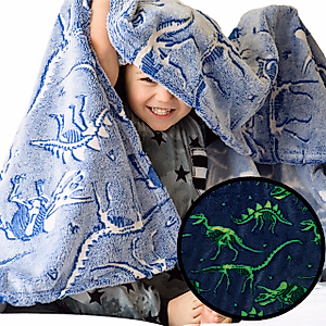 Dinosaur Blanket Glow in The Dark Luminous Dino Blanket for Kids - Soft Plush Blue T-Rex Blanket Throw for Boys and Girls - Large 60in x 50in Glowing Jurassic Dinosaur Fossil Gift Dino Bones Blankets