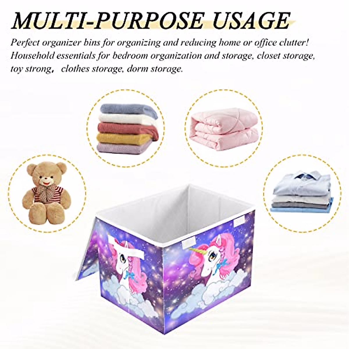 DOMIKING Unicorn Pink Head Galaxy Toy Storage Trunk with Lid Collapsible Storage Box Organizer with Handles for Nursery Drawer Shelves Cabinet