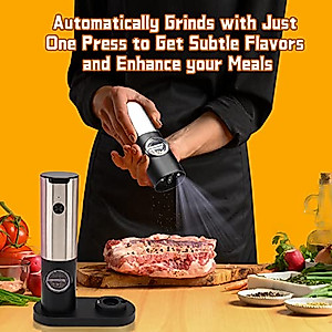 Salt and Pepper Grinder Set, Rechargeable Pepper Grinder Automatic Pepper Grinder Adjustable Coarseness with Charging Base LED Light, 2 Pack