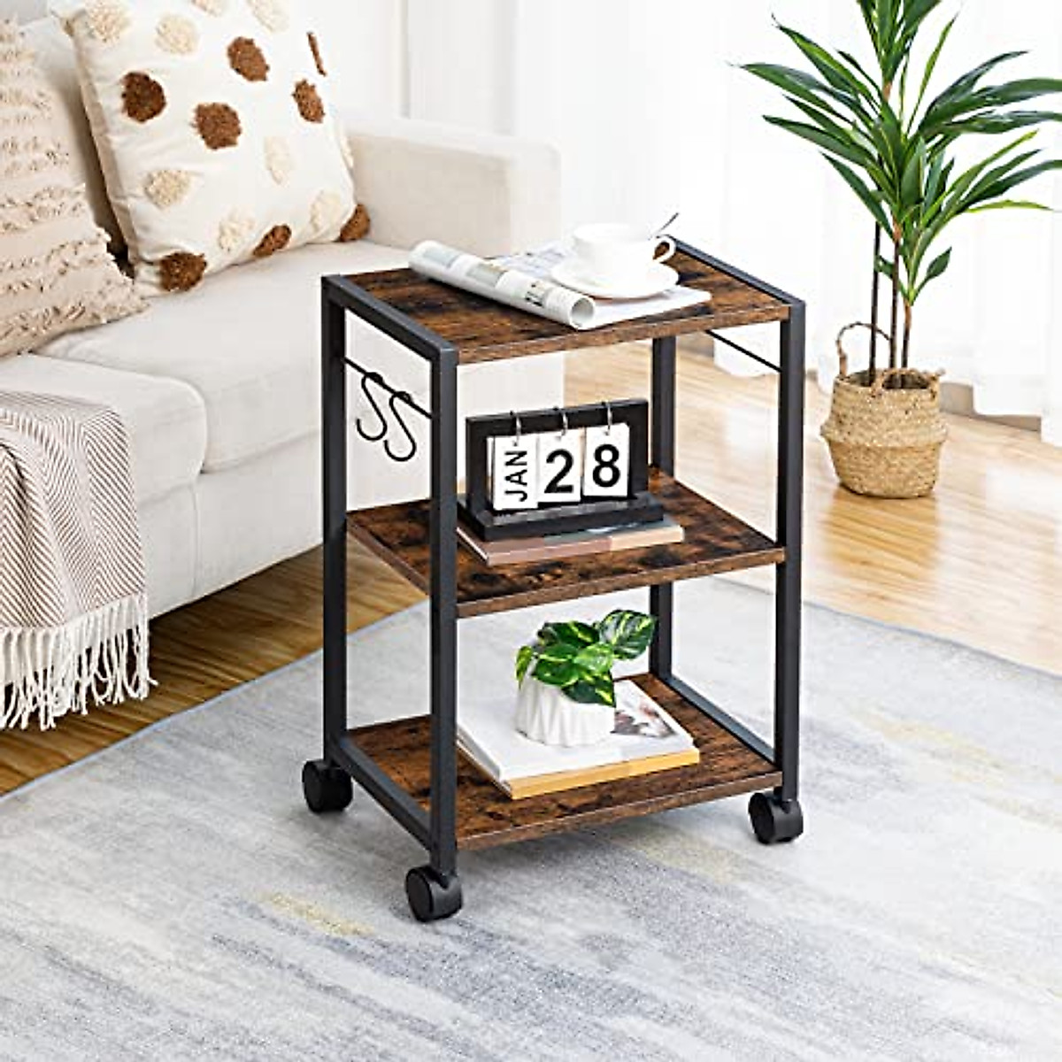 ALLOSWELL Mobile Printer Stand, 3-Tier Printer Cart Under Desk with Storage, Industrial Rolling Cart with 2 Hooks, Sturdy Little Cart on Wheels for Home Office, Rustic Brown and Black PTHR4001