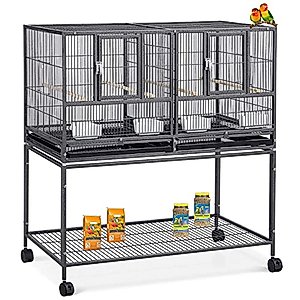 42" Stackable Center Divided Breeder Breeding Bird Flight Double Rolling Cage for Aviaries Canaries Cockatiels Lovebirds Finches Budgies Small Parrots (Black Vein, Single Story)