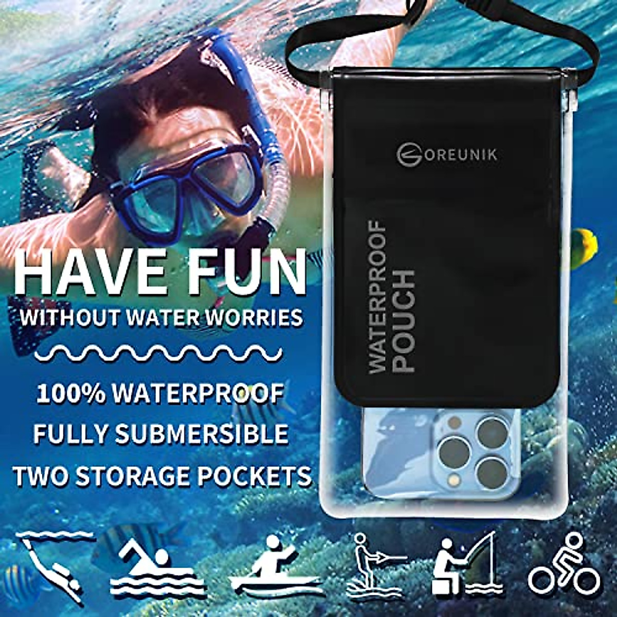 Oreunik Waterproof Phone Pouch [2-Pack], Waterproof Case Dry Bag for iPhone 14/13 Pro MAX Samsung Galaxy S22/S20 Ultra s11/s10 Up to 8 Inches, Screen Touch Sensitivity, 2 Layer Design Pocket (Black)
