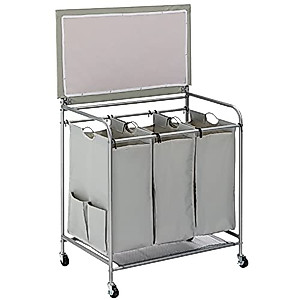 HollyHOME Laundry Basket Sorter with Ironing Board and 4 Wheels,Laundry Hamper with Sturdy Small Bags for Laundry Room Grey