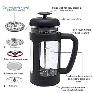 Easyworkz French Press 12 oz Coffee Tea Maker with Borosilicate Glass,Soft Grip Handle