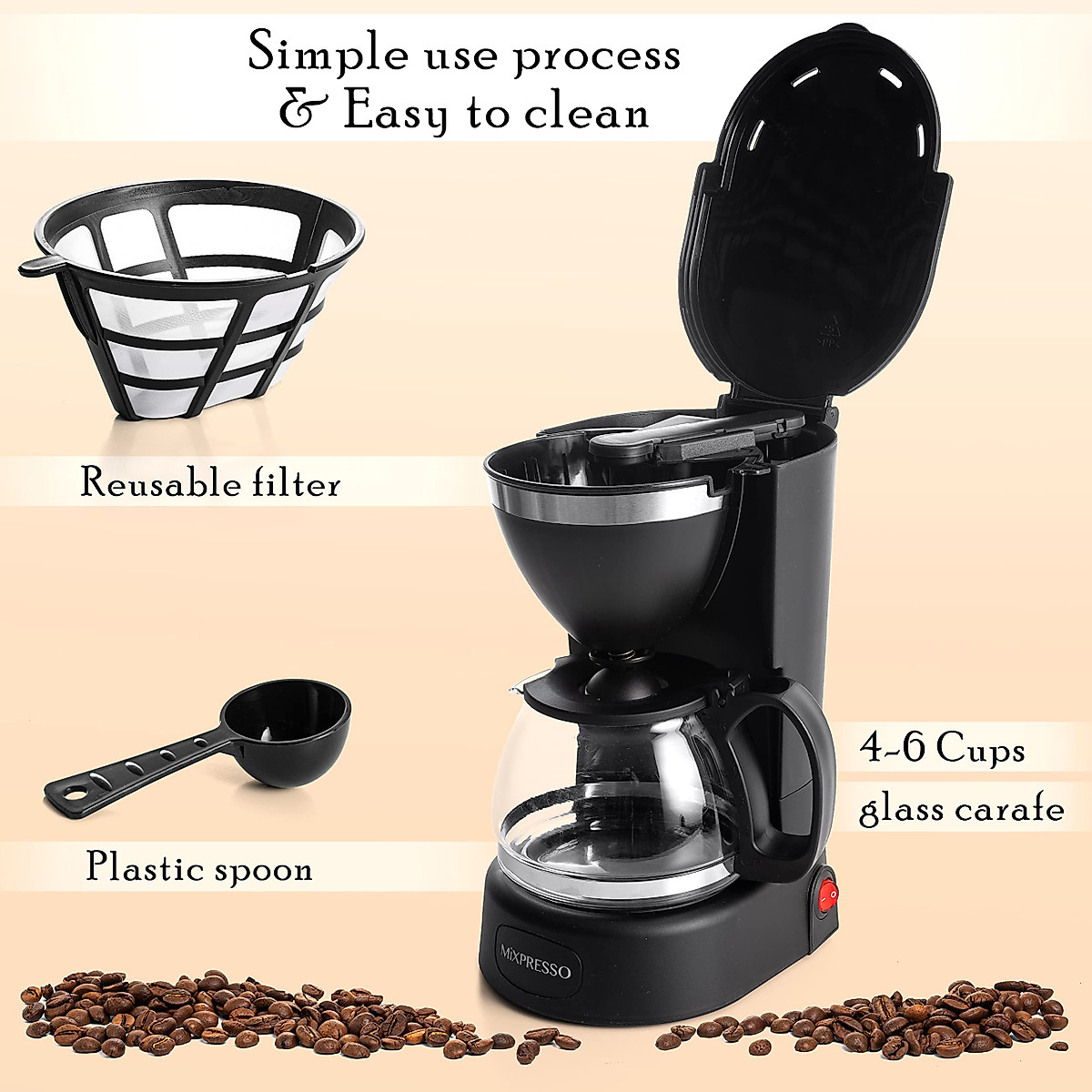 Mixpresso 5-Cup Drip Coffee Maker, Coffee Pot Machine Including Reusable & Removable Coffee Filter, Small Coffee Maker, 25 oz Electric Coffee Maker 650w Black Coffee Maker