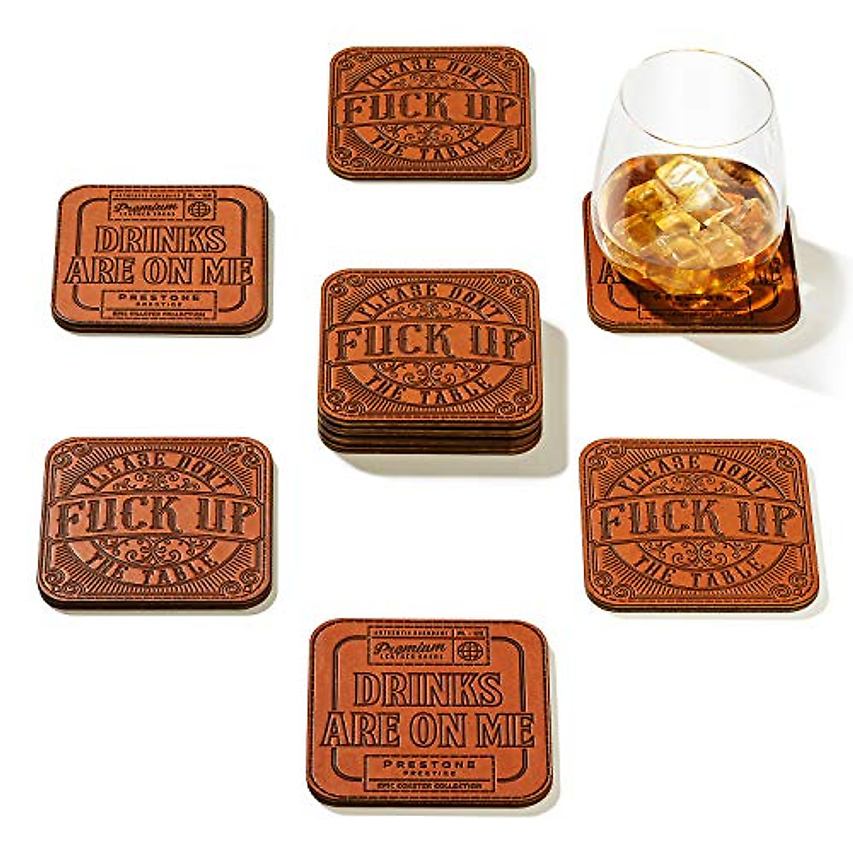 Funny Leather Coasters for Drinks Set of 4, Cool Rustic Drink Coaster, Cute Living Room Decor, Housewarming Gift for New Home (Brown Design 2)
