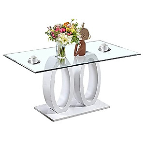 Modern Tempered Glass Dining Table for 6 Persons, 63'' Rectangilar Dining Room Table with Dual O-Shaped High Glossy Wood Base, Elegant Kitchen Table Versatile Glass Table for Home (White)