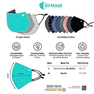 airDefender Reusable Protective Face Masks - Breathable 3 Layer with Nose Wire Filter Pocket Washable Face Mask for Men and Women, 2 Pack Adult (Black Grey)