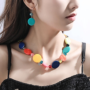 Jules D. Simple Beaded Choker Necklace Handmade Shell Multi Colorful Brown Green Beads Statement Necklace Bracelet Earring Set Costume Jewelry for Women Gifts (Multi)