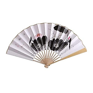 PHONME Chinese Retro Style Folding Hand Held Fan, Hand Folding Fan with Fabric Sleeve, for Wedding Dancing Church Party Folding Fan Vintage style (Color : Navy)
