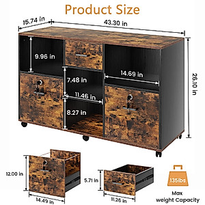 Oqefuoe Wood File Cabinet with Lock, 3 Drawer Office Storage Cabinet Printer Stand Mobile Lateral Filing Cabinet with 4 Open Shelves for Home Office, Rustic Brown