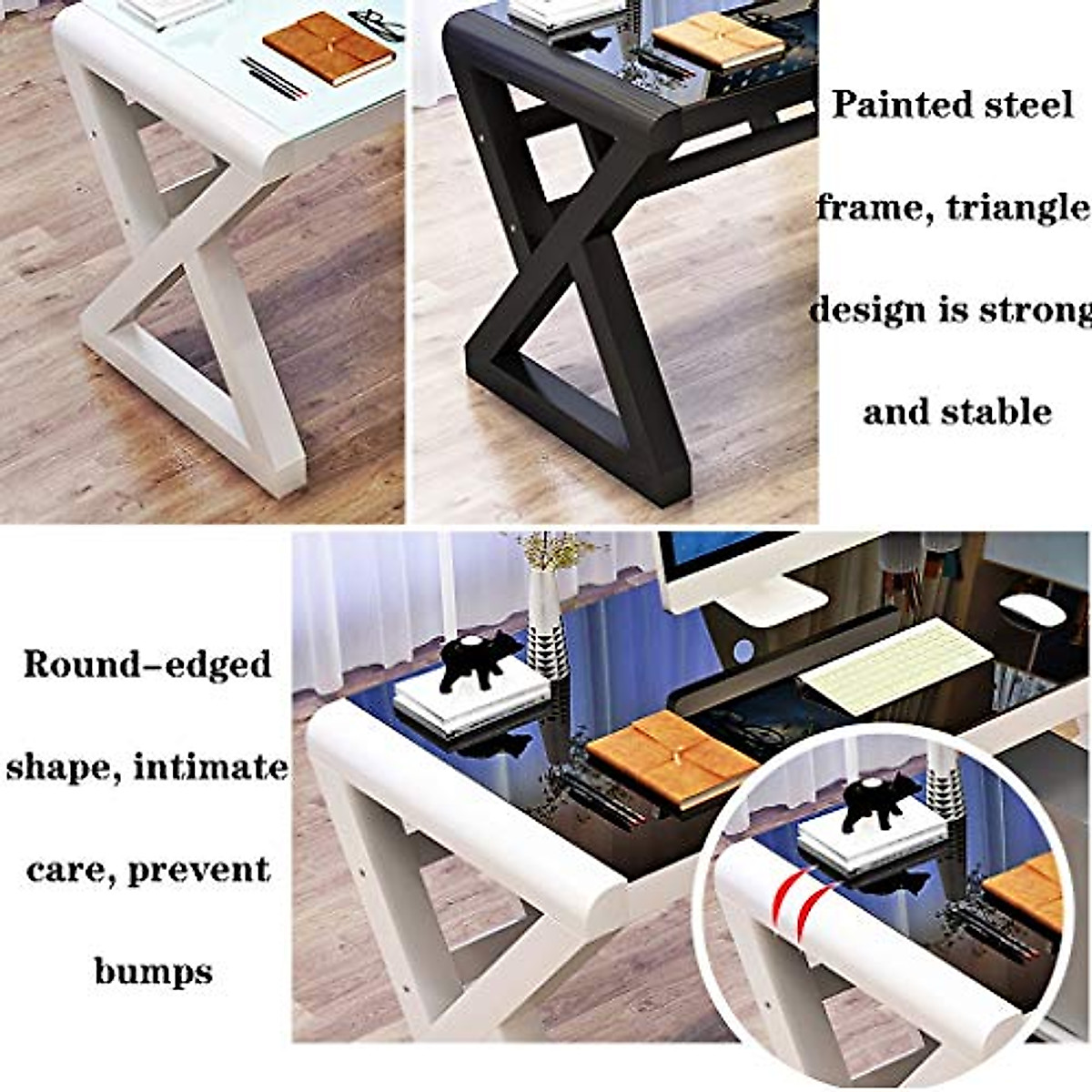 ZYCSKTL Desk Computer Table Modern Large Office Desk,Modern and Simple Desktop Computer Desk, Household Economical Writing Desk, Study Room Tempered Glass Desk (Color : Black+White, Size : 805075cm)