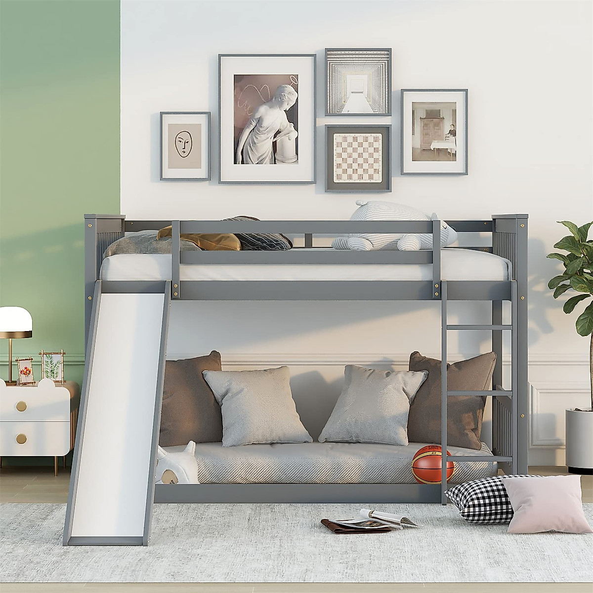 Bellemave Full Over Full Low Bunk Bed with Slide Wood Floor Bunk Beds with Ladder for Kids Boys Girls Teens, Gray